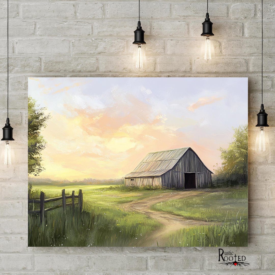 Abstract Painting Old Rustic Barn Farm Landscape Springtime Morning ...