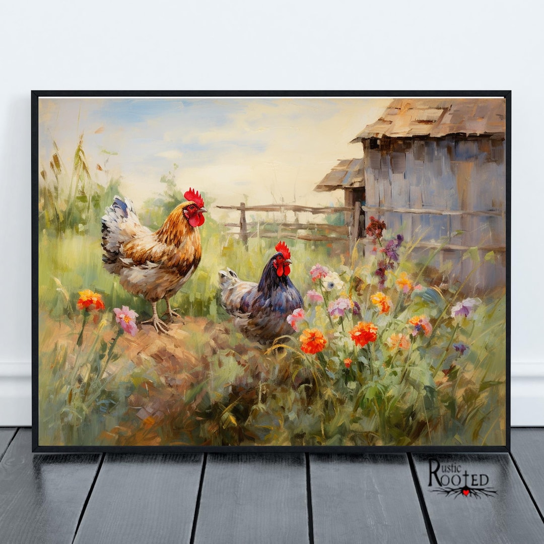 Whimsical Farmyard Art: Abstract Chicken and Flowers Canvas - Modern ...