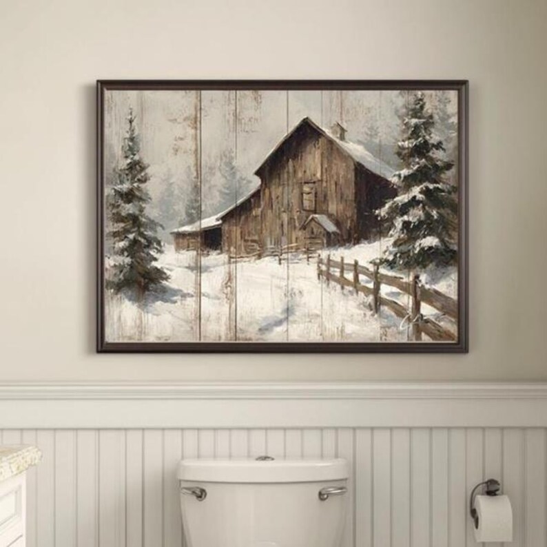 Rustic Winter Barn Art Print, Snowy Farm Landscape Painting on Wood ...