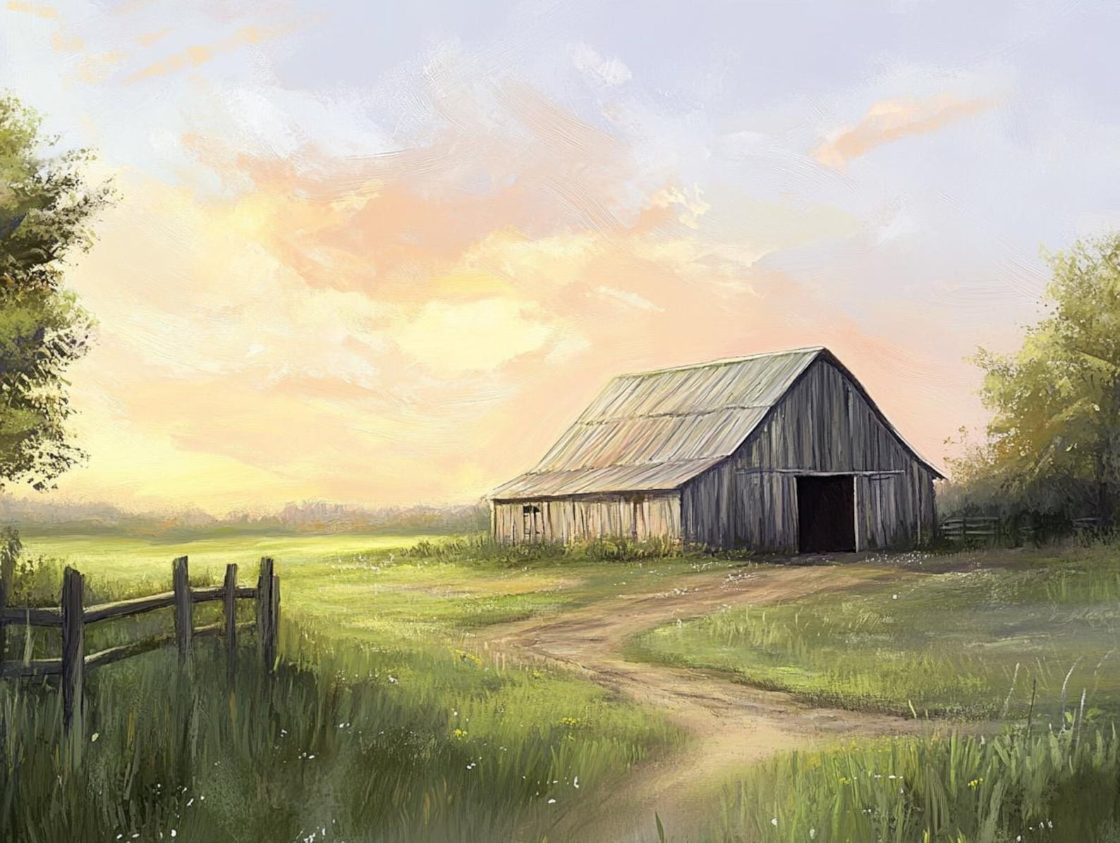 Abstract Painting Old Rustic Barn Farm Landscape Springtime Morning ...