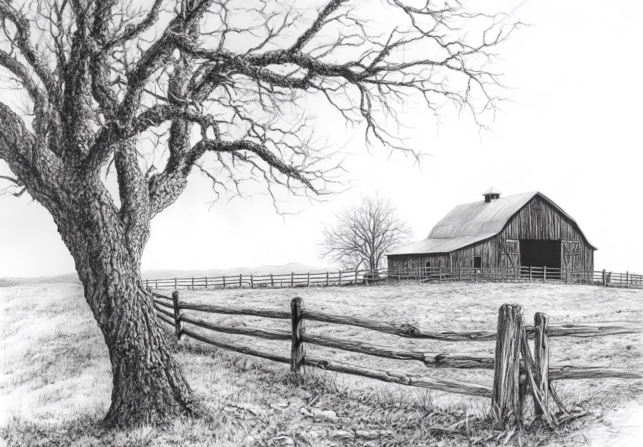 Rustic Barn Scene Charcoal Drawing Old Country Homestead Black and ...