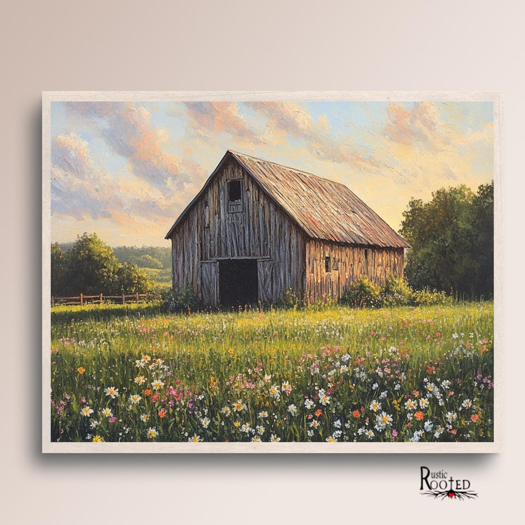 Wildflower Field Old Rustic Barn Scene Weathered Country Barn Landscape ...