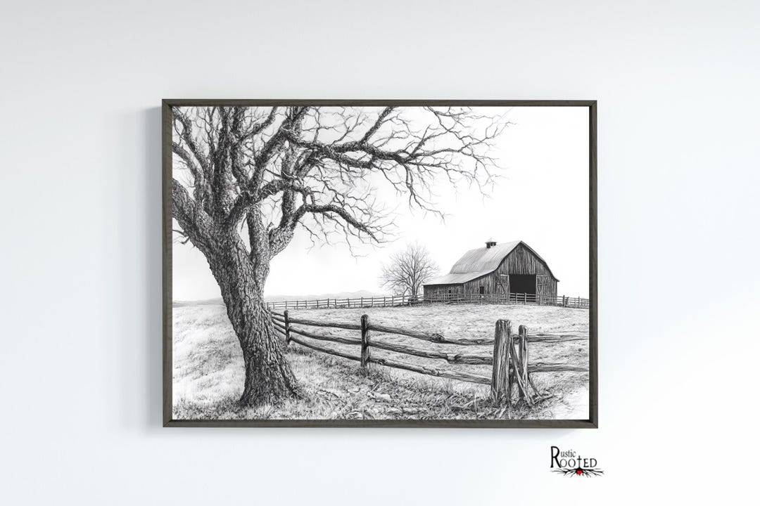 Rustic Barn Scene Charcoal Drawing Old Country Homestead Black and ...
