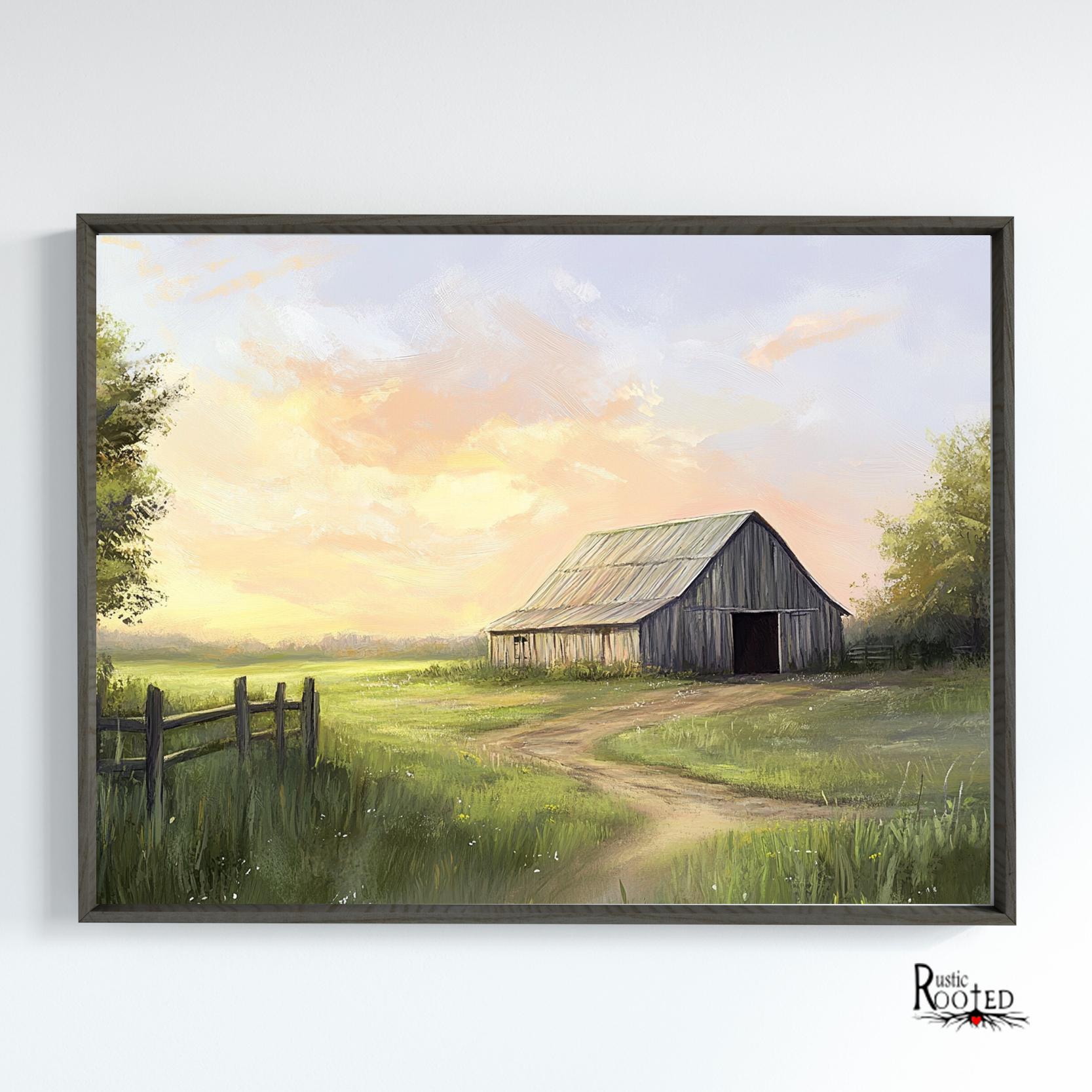 Abstract Painting Old Rustic Barn Farm Landscape Springtime Morning ...