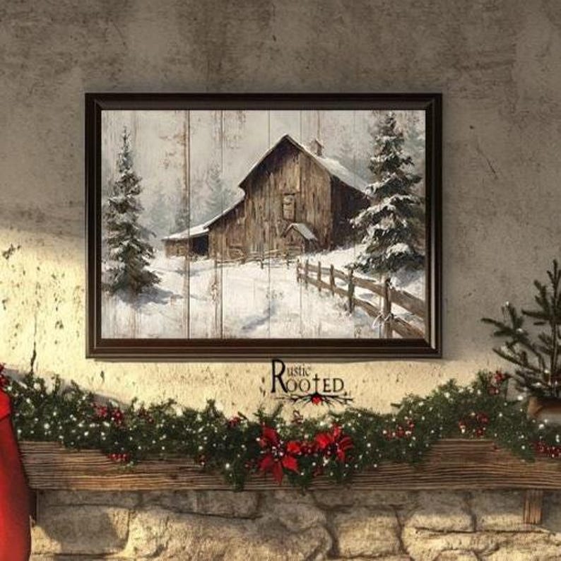 Rustic Winter Barn Art Print, Snowy Farm Landscape Painting on Wood ...