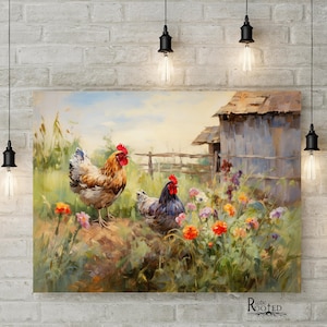 Whimsical Farmyard Art: Abstract Chicken and Flowers Canvas - Modern ...