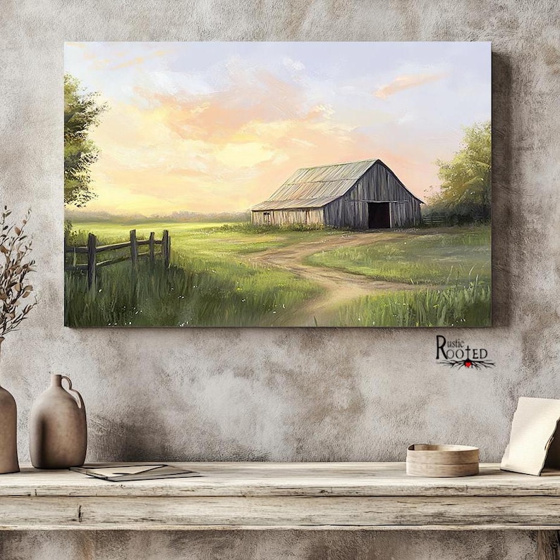 Abstract Painting Old Rustic Barn Farm Landscape Springtime Morning ...