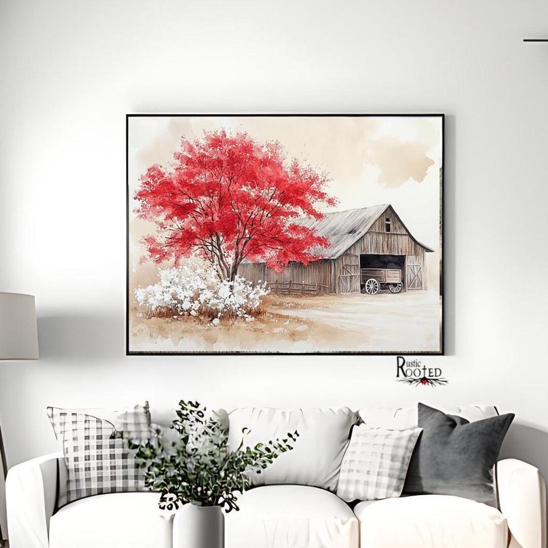 Red Maple Tree Barn Watercolor Painting: Rustic Farmhouse Art Print - Etsy