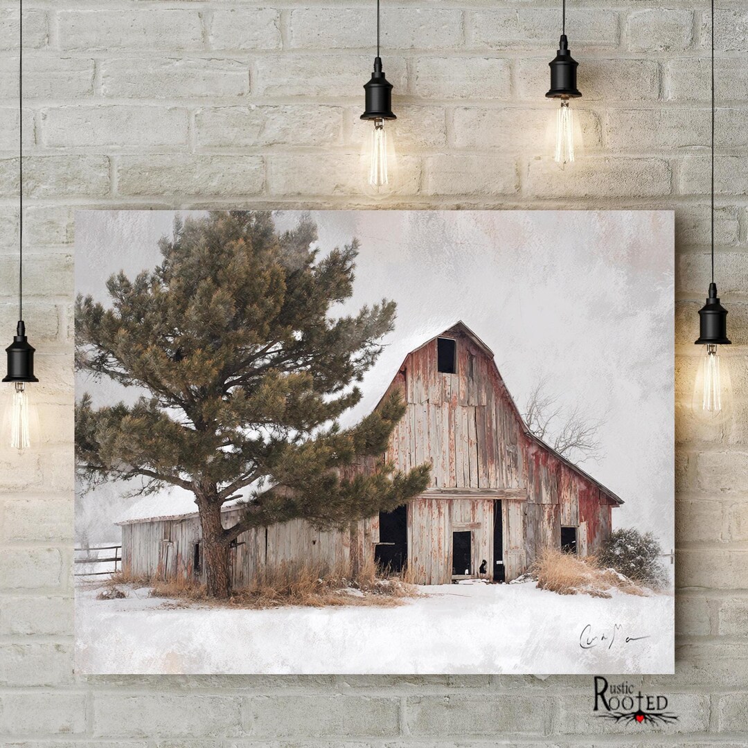 Rustic Faded Red Barn Winter Art Print, Snowy Farm Landscape Painting ...