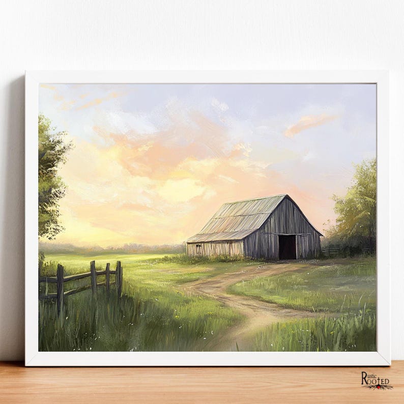Rustic Barn Sunrise Painting: Farmhouse Landscape Art Print - Etsy