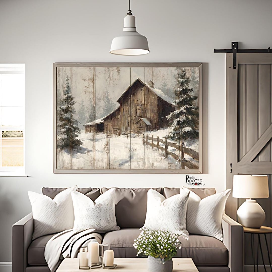 Rustic Winter Barn Art Print, Snowy Farm Landscape Painting on Wood ...
