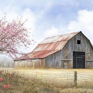 Rustic Old Country Barn Painting Weathered Springtime Barn Artwork ...