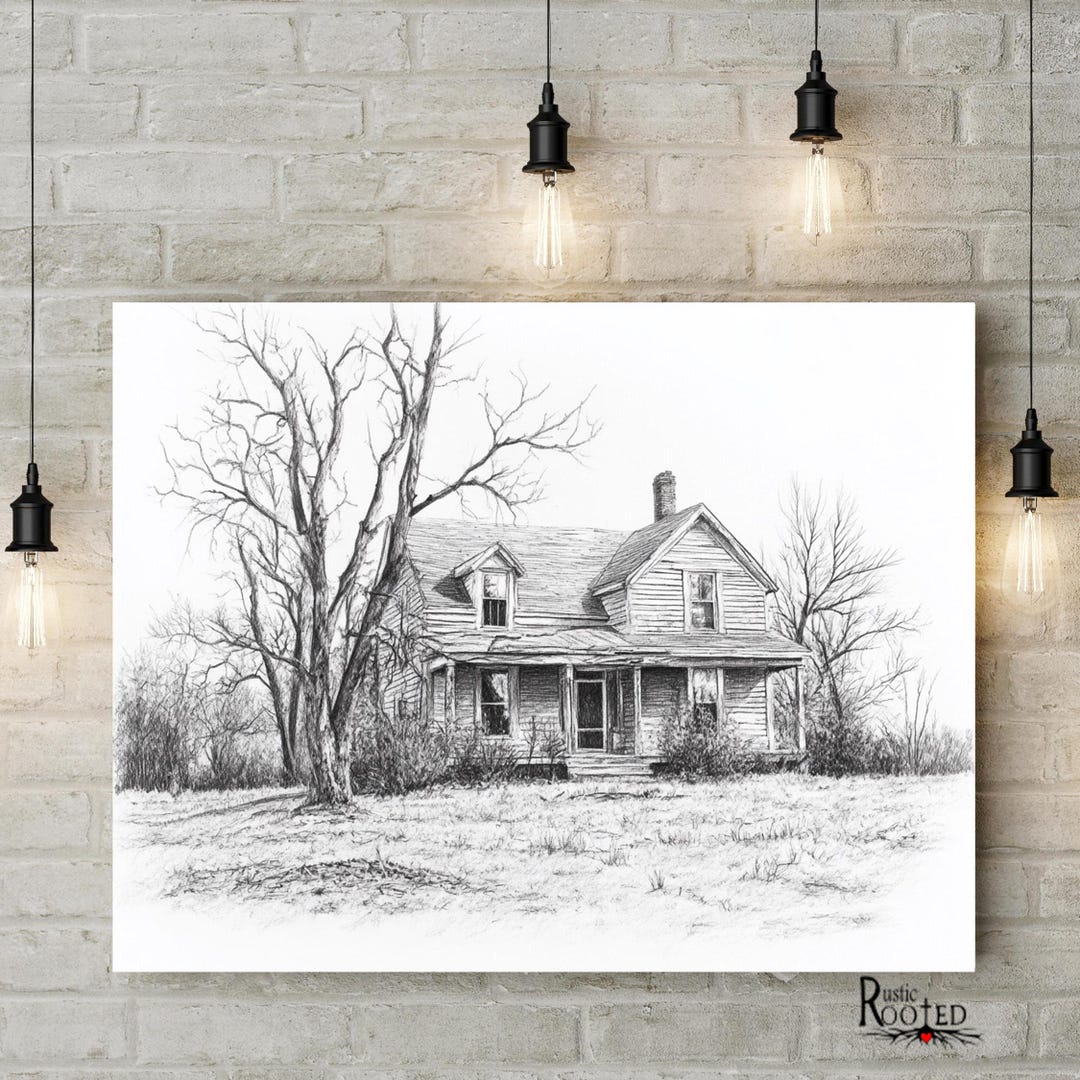 Black-and-white Farmhouse Pencil Drawing Rural Country Artwork Bathroom ...