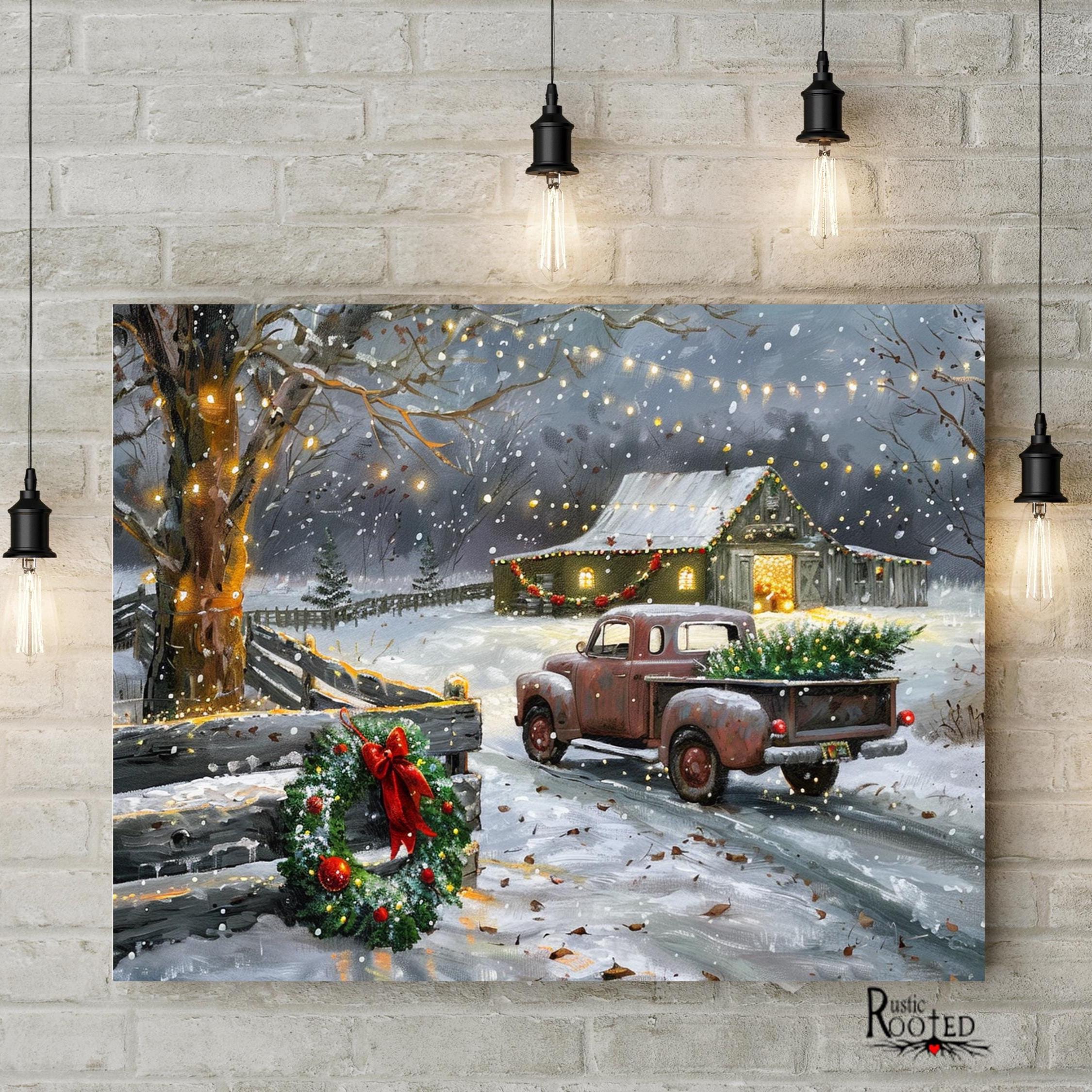 Vintage Christmas Truck Wall Art, Rustic Farmhouse Winter Scene, Red ...