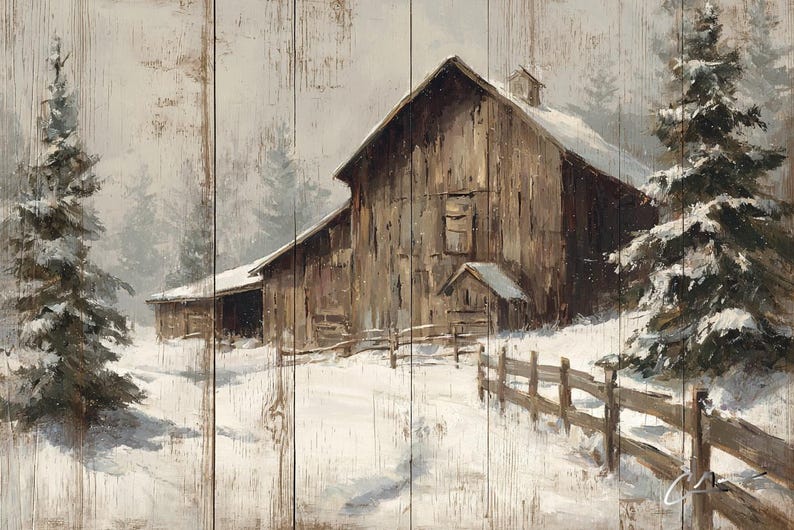 Rustic Winter Barn Art Print, Snowy Farm Landscape Painting on Wood ...