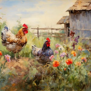 Whimsical Farmyard Art: Abstract Chicken and Flowers Canvas - Modern ...
