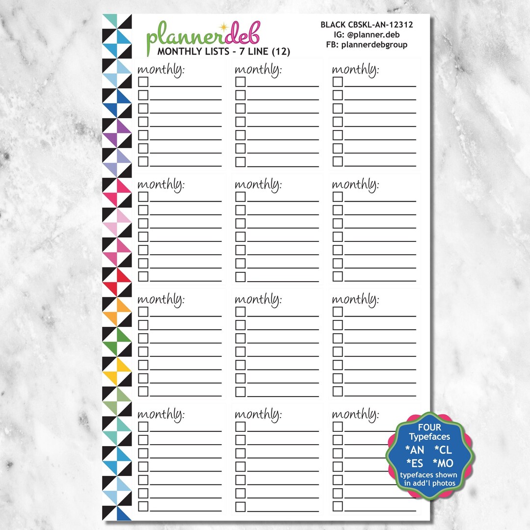 MONTHLY CHECKBOX List Planner Sticker for Erin Condren Planner, Daily ...