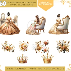 Gold Princess Watercolor Clipart, Watercolor Clip Art, Dress Xv Años ...
