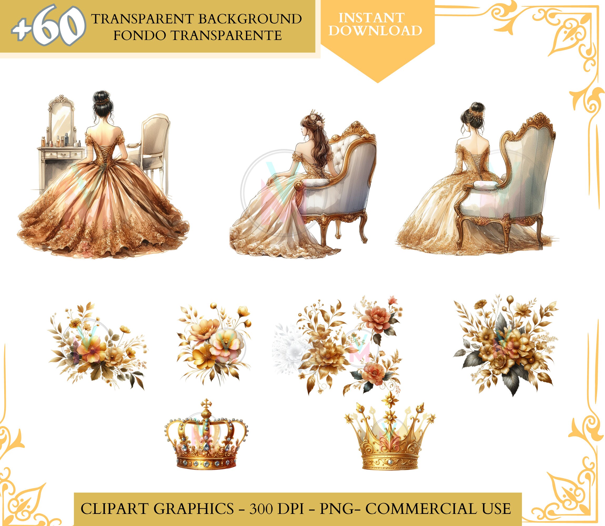 Gold Princess Watercolor Clipart, Watercolor Clip Art, Dress Xv Años ...