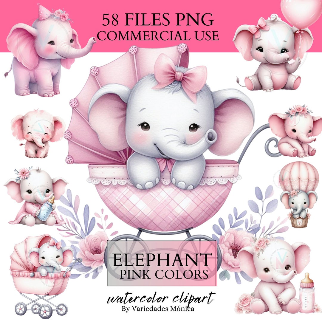 Pink Baby ELEPHANT Cute Watercolor Clipart, Baby Shower Girl Pink PNG ...