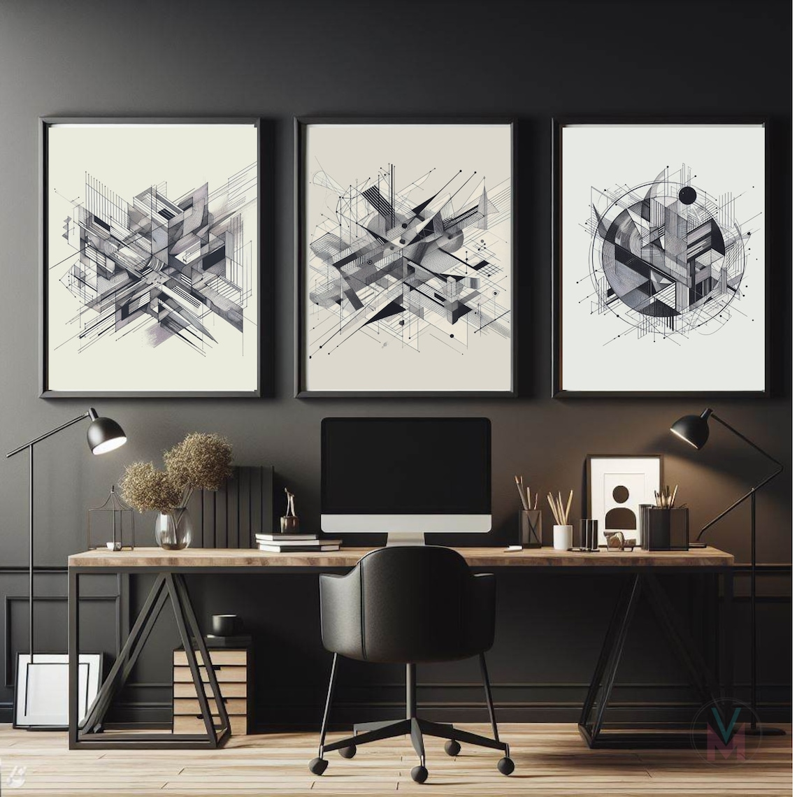 Set of 3 Modern Art Abstract Painting Black White Wall Art modern ...
