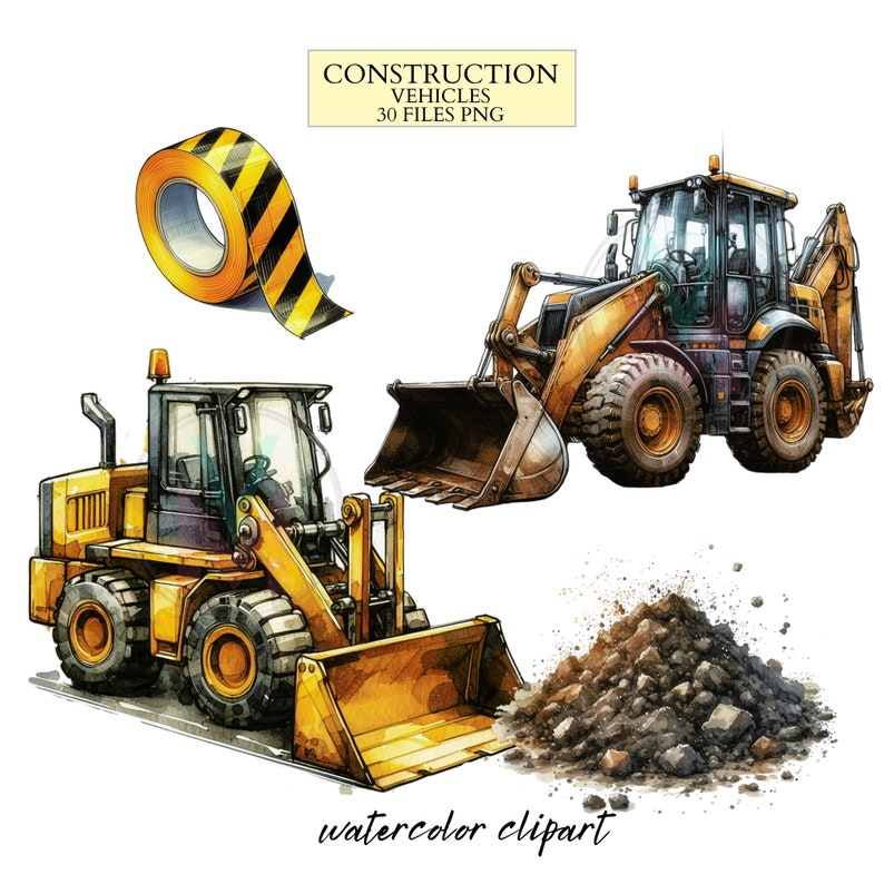 Construction Vehicles Png Watercolor Clipart Excavator PNG Bulldozer ...