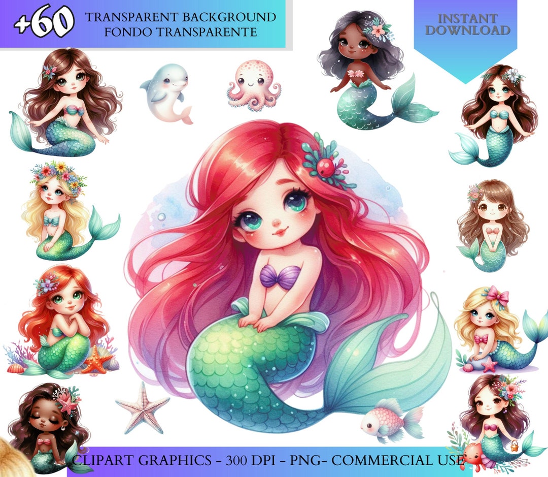 Mermaid Clipart Bundle Watercolor Cute Mermaid Clipart Png Little ...