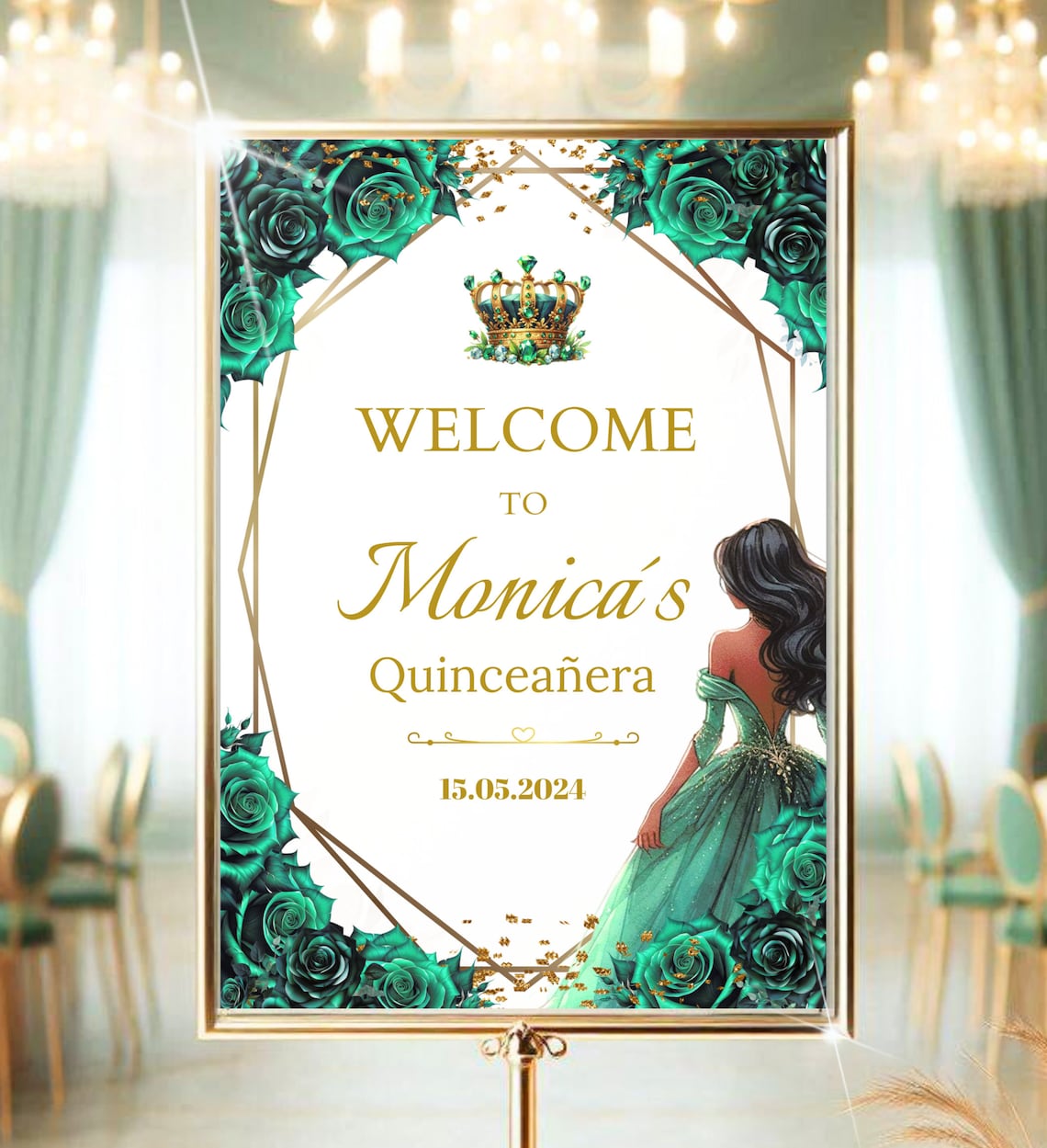 Quinceanera Welcome Sign, Tiara Princess Green and Gold, Mis Quince ...
