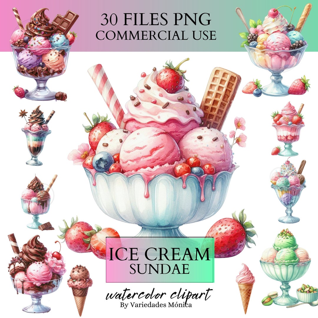 Watercolor Ice Cream Clipart, 30 Bundle PNG, Sundae Icecream Cone ...