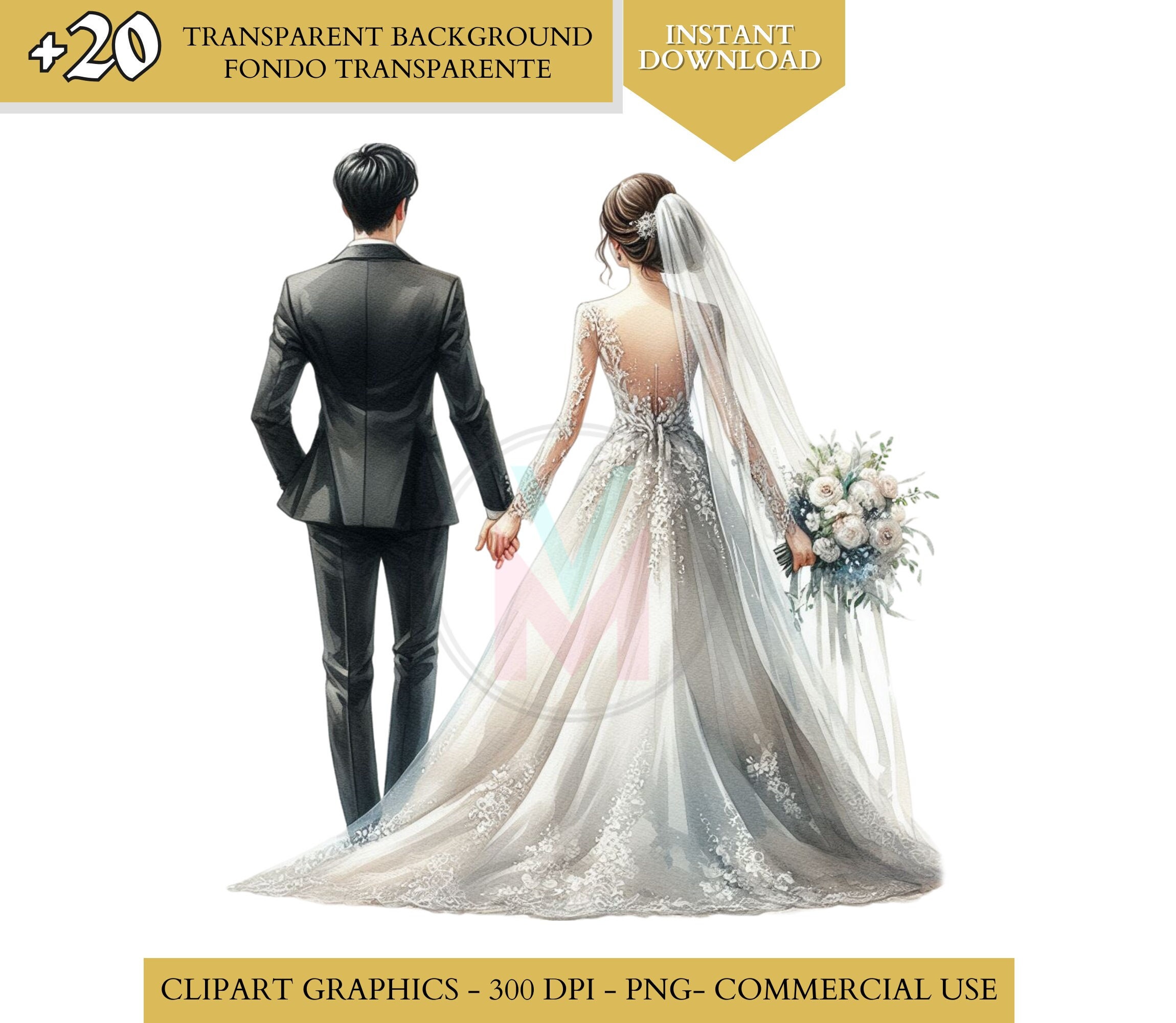 Set of 23, Bride and Groom Back Clipart, Wedding Day Clipart Png ...