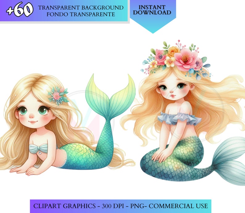 Mermaid Clipart Bundle Watercolor Cute Mermaid Clipart Png Little ...