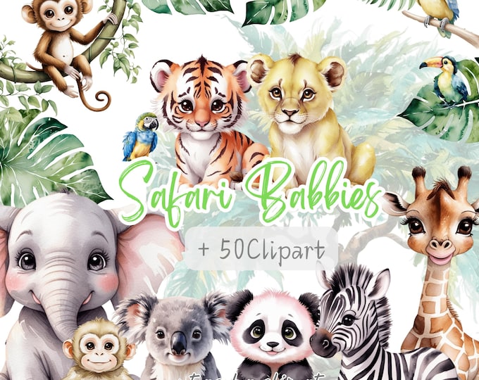 Cute Jungle Animals Clipart, Safari Baby Animal PNG, Watercolor Animal ...