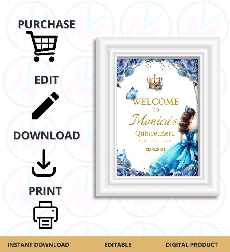 Quinceanera Welcome Sign, Princess Blue, Quinceañera Mis Quince Anos ...