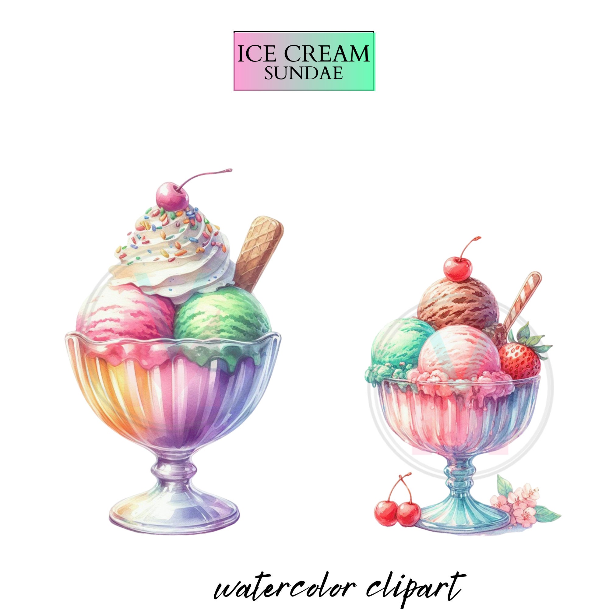Watercolor Ice Cream Clipart, 30 Bundle PNG, Sundae Icecream Cone ...