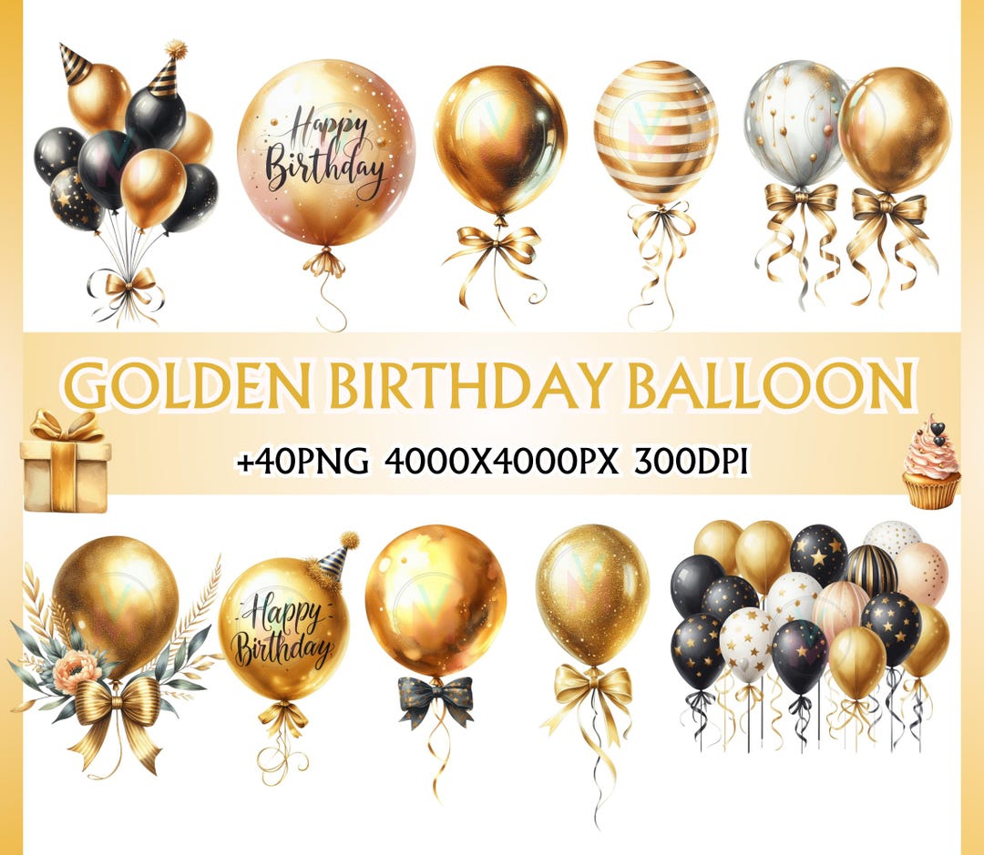 40 Gold Balloons Birthday Clipart, Glitter Balloon PNG, 300 Dpi, Black ...