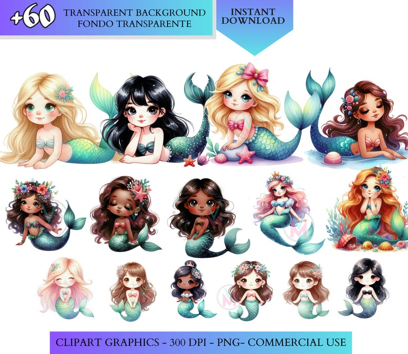 Mermaid Clipart Bundle Watercolor Cute Mermaid Clipart Png Little ...