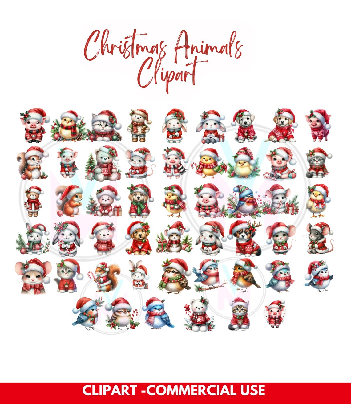 Christmas Animals Clipart Bundle 50 High Quality PNG, Digital Paper ...