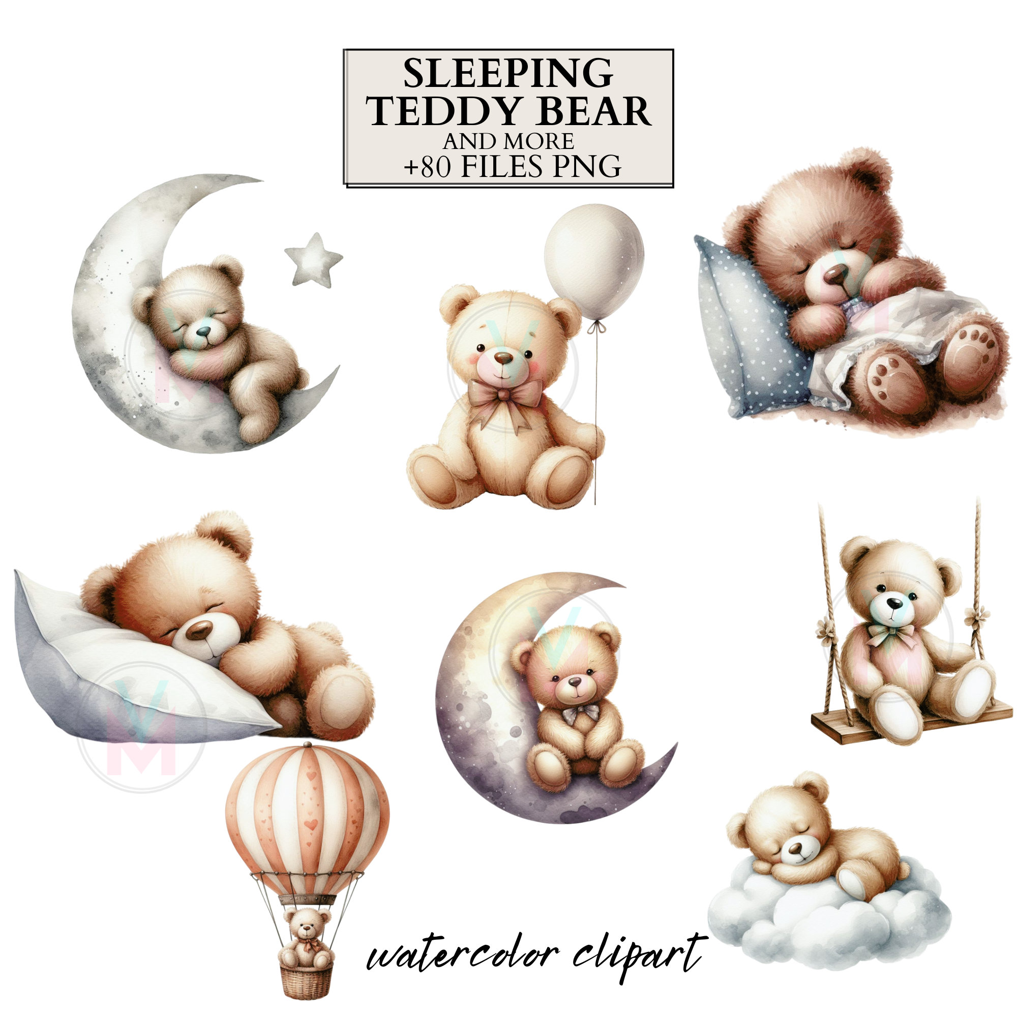 Teddy Bear Clipart Watercolor, Sleeping Teddy Bears, Baby Shower ...