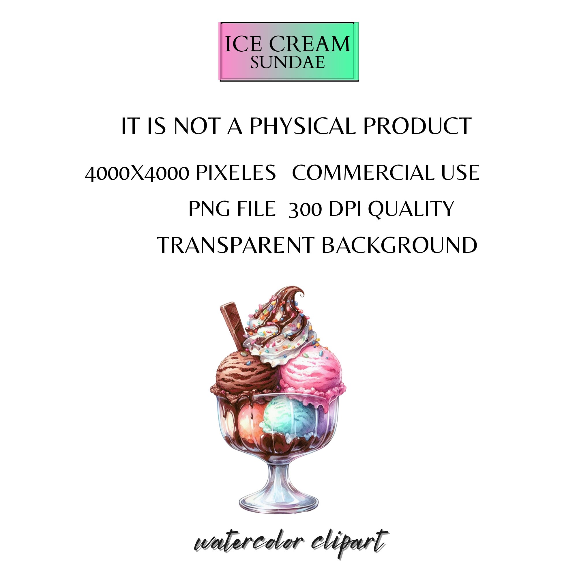 Watercolor Ice Cream Clipart, 30 Bundle PNG, Sundae Icecream Cone ...