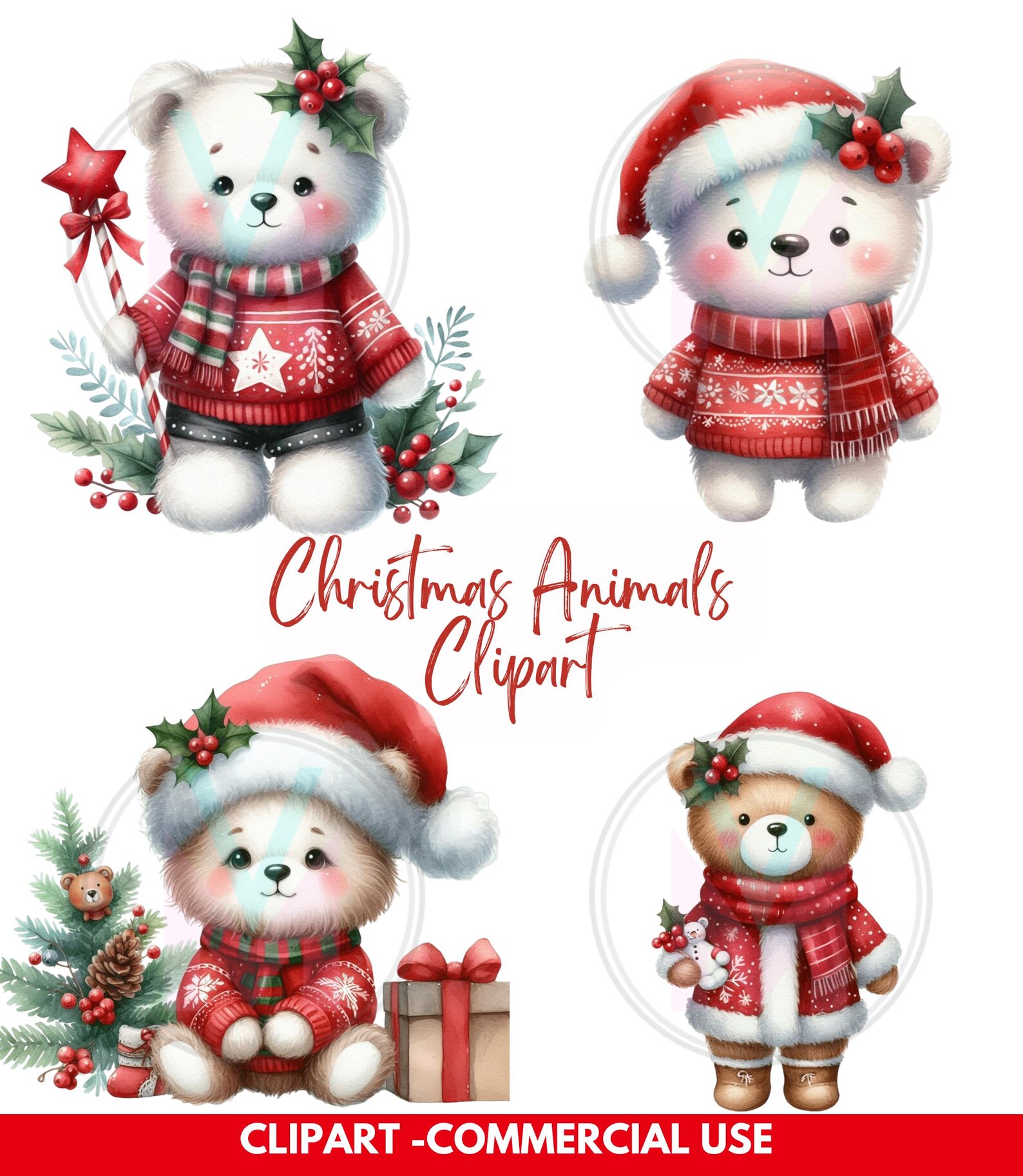 Christmas Animals Clipart Bundle 50 High Quality PNG, Digital Paper ...