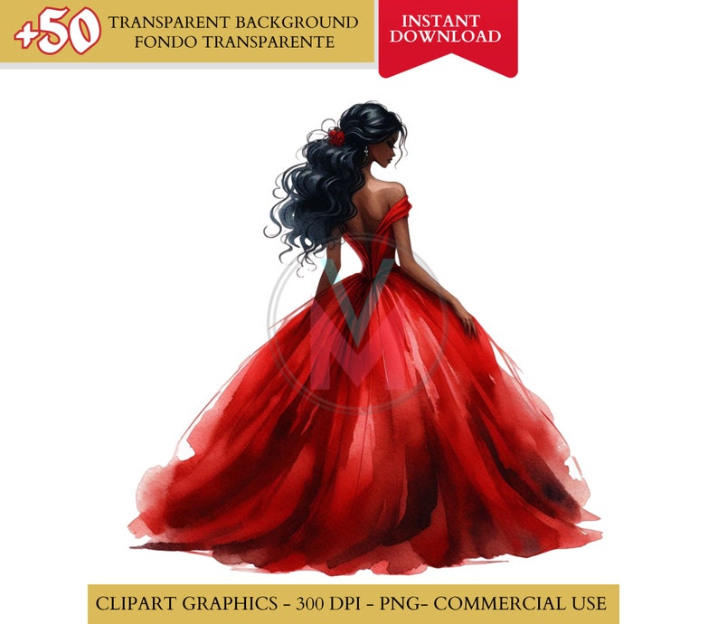 Red Princess Watercolor Clipart, Watercolor Clip Art, Bridesmaid ...