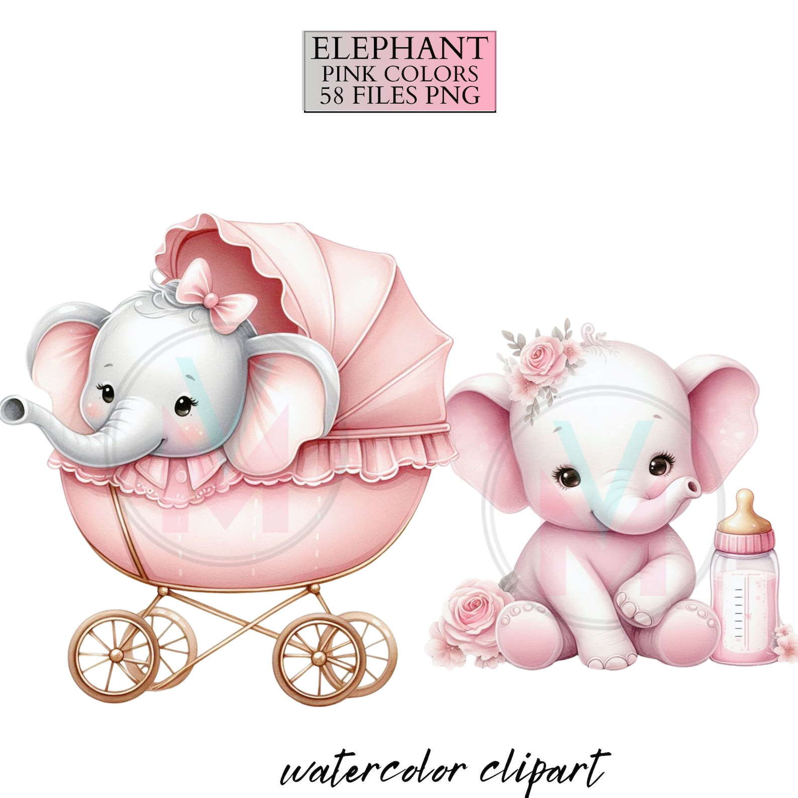 Pink Baby ELEPHANT Cute Watercolor Clipart, Baby Shower Girl Pink PNG ...