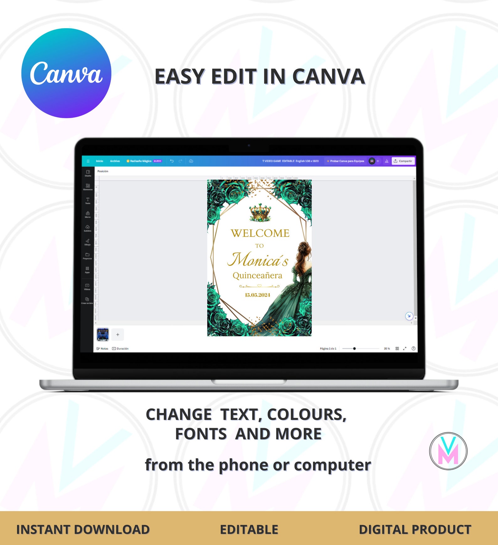 Quinceanera Welcome Sign, Tiara Princess Green and Gold, Mis Quince ...