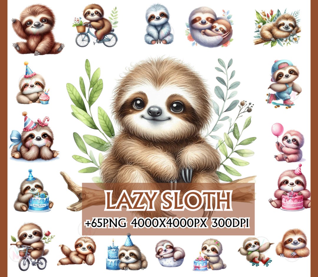 Cute Sloth Clipart, Watercolor Lazy Sloth Nursery 65 PNG, Spring ...