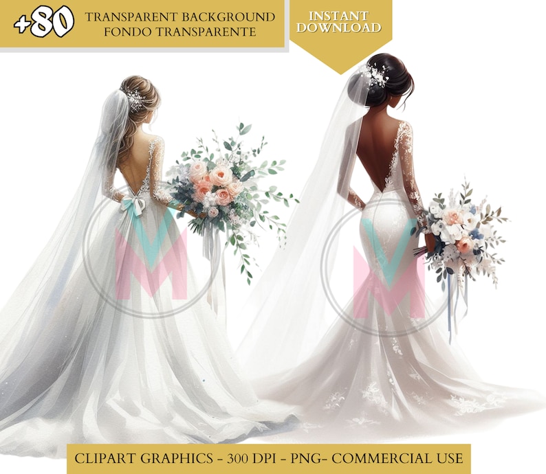 Bride From the Back Watercolor Wedding Clipart Png-wedding Clipart ...