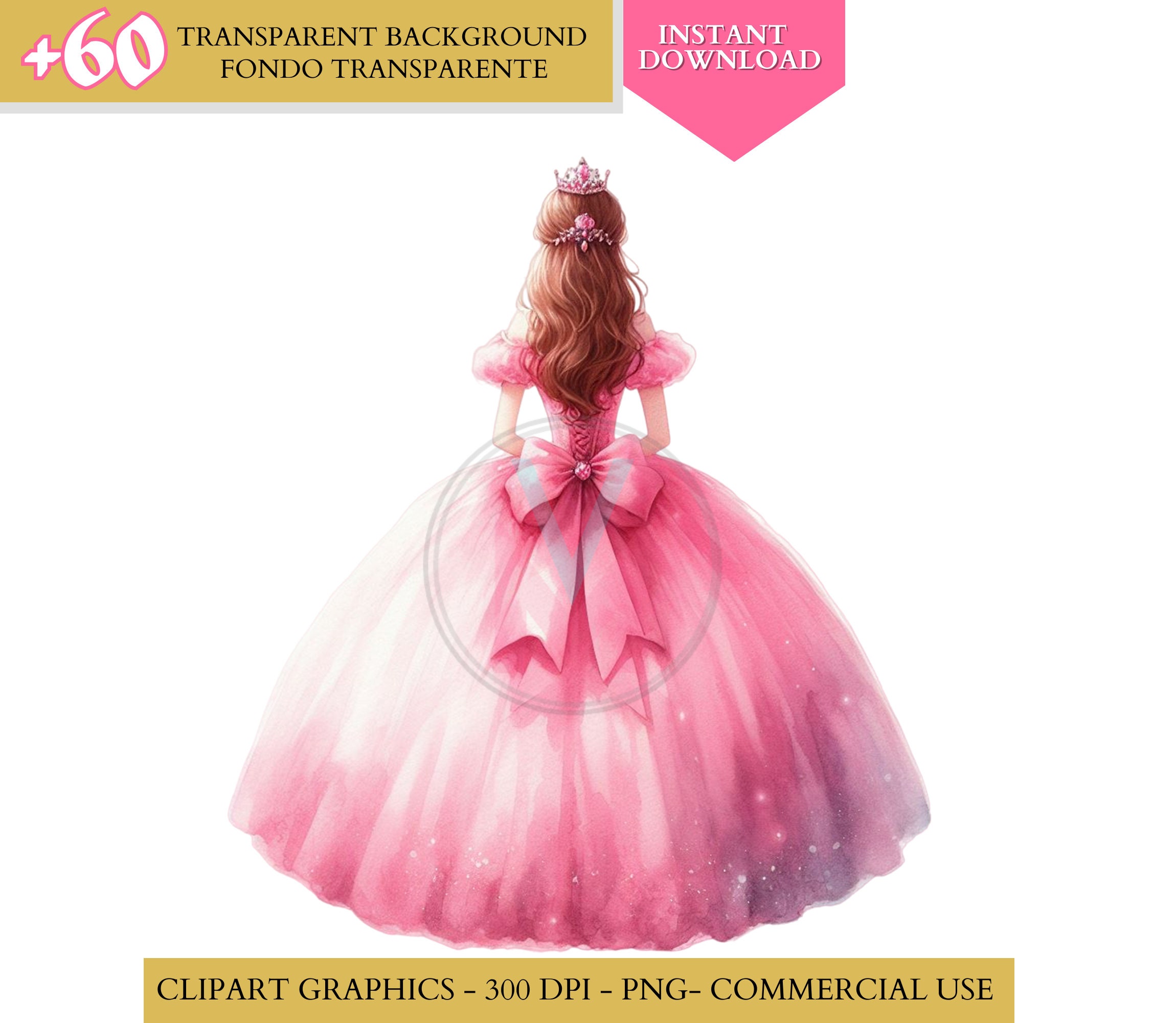 Pink Princess Quinceañera Png Dress, Watercolor Clipart Watercolor Clip ...