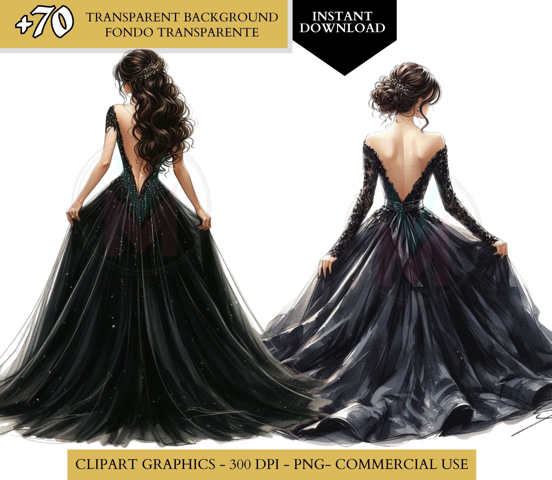 Watercolor Princess Clipart-black Dress Clip Art Bridesmaid-quinceañera ...