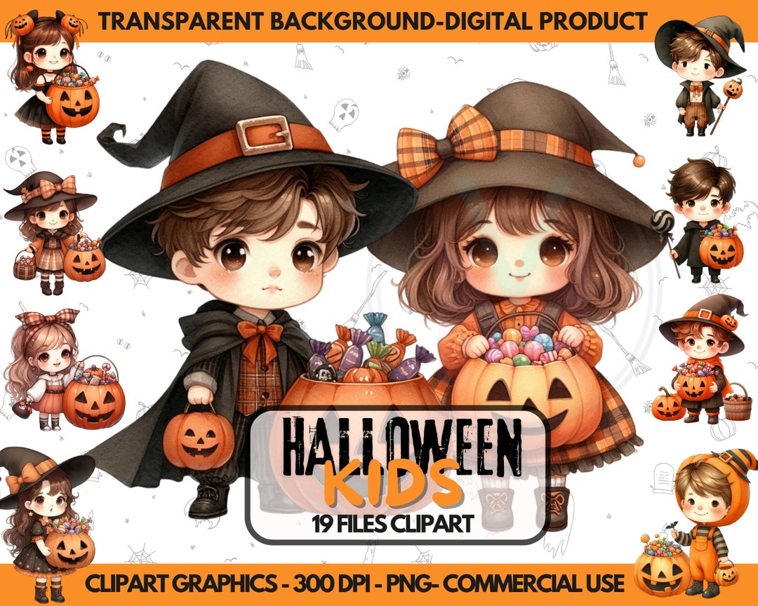 Halloween Kids Party Clipart, Cute Halloween, Girls and Boy Halloween ...