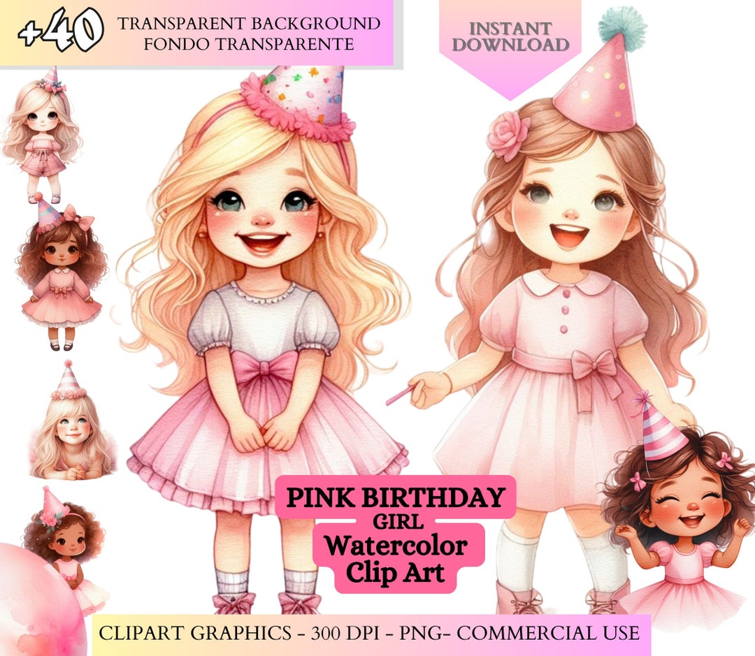 Pink Birthday Clipart GIRL Watercolor Bundle - Birthday Pngs, Birthday ...