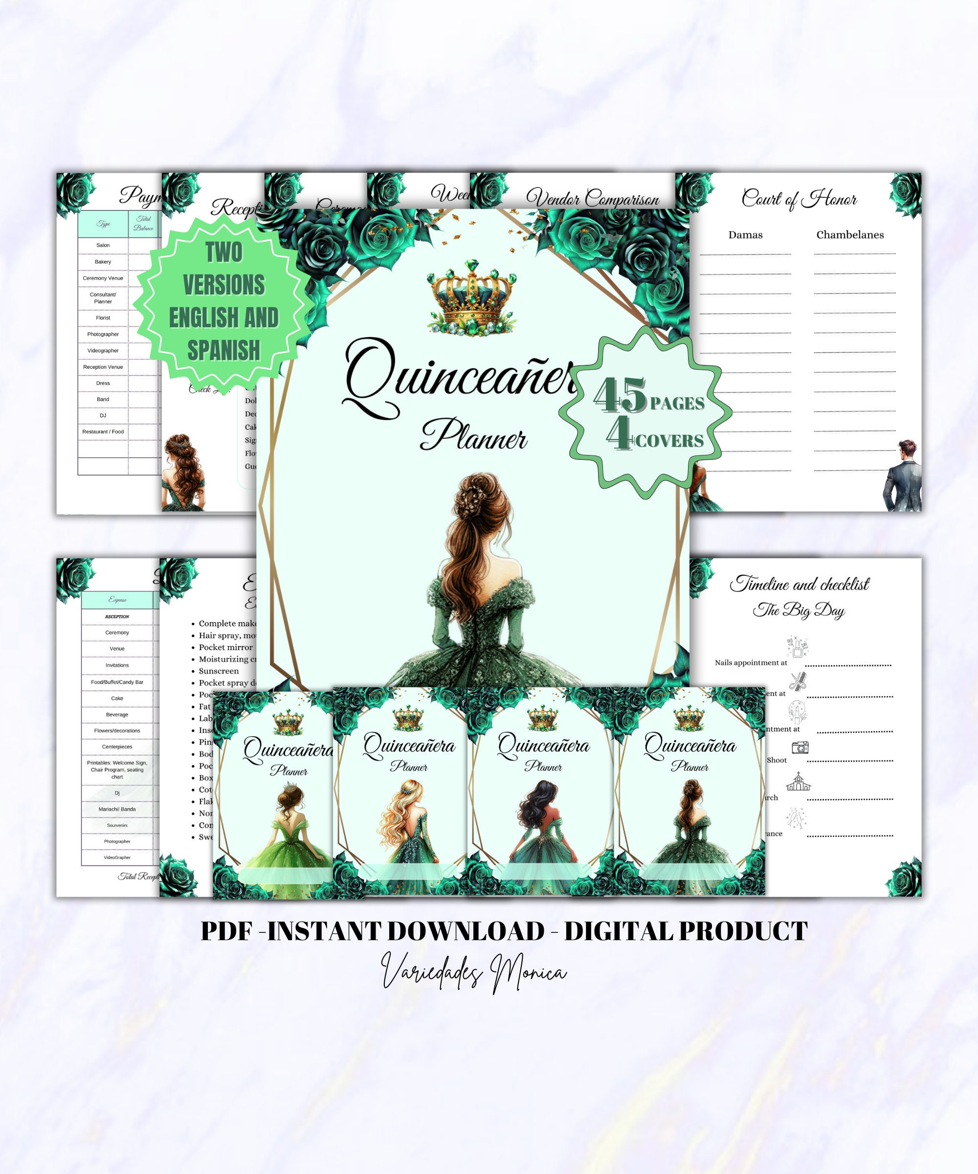Emerald Green Quinceañera Planner PDF, Floral Mis 15 Años Planning ...